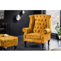 Riess Ambiente Design Ohrensessel CHESTERFIELD 85cm senfgelb Samt Knopfheftung Riess-Ambiente