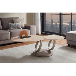 Riess Ambiente Design Couchtisch DANCING RINGS natur rund drehbar Travertin Keramik champagner greige Riess-Ambiente Sofatisch Wohnzimmertisch S&auml;ulentisch