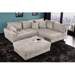 Riess Ambiente Modernes Ecksofa KENT 220cm greige Cord inkl. Hocker Federkern L-Form Wohnlandschaft Riess-Ambiente Wohnzimmer