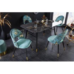 Riess Ambiente Design Stuhl PR&Ecirc;T-&Agrave;-PORTER t&uuml;rkis Samt florales Muster und goldene Fu&szlig;kappen Polsterstuhl Riess-Ambiente Esszimmerstuhl K&uuml;chenstuhl Modern & Design