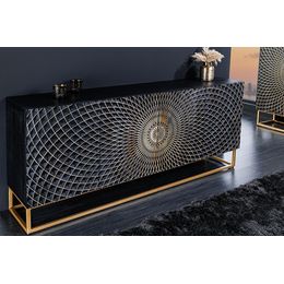 Riess Ambiente Design Sideboard ILLUSION 180cm schwarz Mangoholz Massivholz mit 3D Schnitzereien gold Eisen Metallgestell Riess-Ambiente Modern & Design