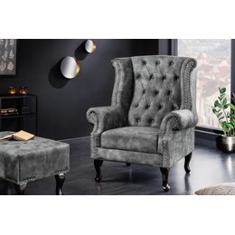 Riess Ambiente Design Ohrensessel CHESTERFIELD 105cm grau Samt silber Nieten Riess-Ambiente