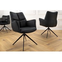 Riess Ambiente Drehbarer Stuhl PAPILLON schwarz Echtleder schwarzes Metallgestell mit Armlehne Riess-Ambiente Esszimmerstuhl K&uuml;chenstuhl Modern & Design
