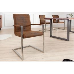 Riess Ambiente Industrial Freischwinger Stuhl LOFT vintage braun Microfaser mit Armlehne Edelstahl Polsterstuhl Riess-Ambiente Esszimmerstuhl K&uuml;chenstuhl