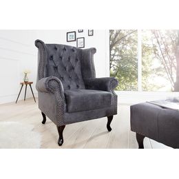 Riess Ambiente Chesterfield Ohrensessel antik grau Microfaser mit Knopfheftung Riess-Ambiente