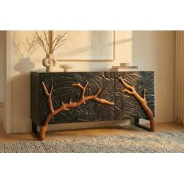 Riess Ambiente Massives Sideboard FOREST 160cm schwarz braun Mangoholz sechs F&auml;cher 3D-Front Riess-Ambiente Modern & Design