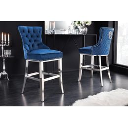 Riess Ambiente Design Barhocker CASTLE DELUXE royalblau Samt silber Edelstahl mit Lehne Chesterfield Polsterstuhl Riess-Ambiente f&uuml;r K&uuml;che Tresenhocker...