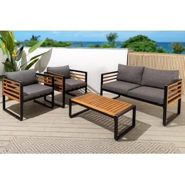 Riess Ambiente Outdoor Garten-Sitzgruppe PURE grau natur Akazie schwarz Metall inkl. Tisch Sitzpolster Riess-Ambiente