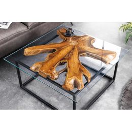 Riess Ambiente Industrial Couchtisch TEAK ROOT 70cm braun Teakholz Metall Glastisch handmade Riess-Ambiente Sofatisch Wohnzimmertisch quadratisch Urban