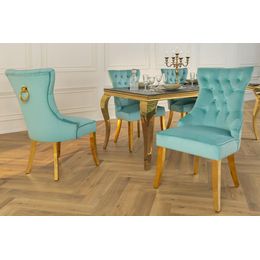 Riess Ambiente Chesterfield Stuhl CASTLE blau Samt goldene Edelstahlbeine mit Komfortgriff Riess-Ambiente Esszimmerstuhl K&uuml;chenstuhl
