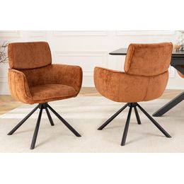 Riess Ambiente Drehbarer Retro Stuhl UNIQUE rost braun Chenille schwarze Metallbeine mit Armlehne Riess-Ambiente Esszimmerstuhl K&uuml;chenstuhl