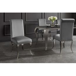 Riess Ambiente Extravaganter Stuhl MODERN BAROCK DELUXE grau Samt mit silbernen Edelstahlbeinen Polsterstuhl Riess-Ambiente Esszimmerstuhl K&uuml;chenstuhl