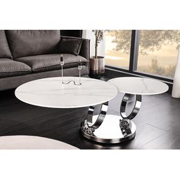 Riess Ambiente Design Couchtisch DANCING RINGS wei&szlig; rund drehbar Marmor Keramik Chrome Gestell Riess-Ambiente Sofatisch Wohnzimmertisch S&auml;ulentisch Modern & Design