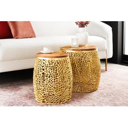 Riess Ambiente 2er Set Filigraner Design Couchtisch ABSTRACT LEAF gold Akazienholz Handarbeit Metall rund Riess-Ambiente Satztisch Sofatisch Wohnzimmertisch...