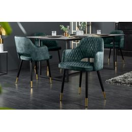 Riess Ambiente Eleganter Stuhl PARIS petrol Samt Ziersteppung Fu&szlig;kappen gold Retro-Design mit Armlehnen Polsterstuhl Riess-Ambiente Esszimmerstuhl K&uuml;chenstuhl