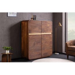 Riess Ambiente Design Highboard MONZA 120cm braun Mangoholz mit Lamellenfront und goldener Griffleiste Riess-Ambiente Modern & Design