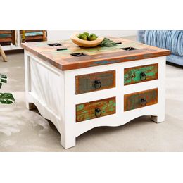 Riess Ambiente Massiver Couchtisch JAKARTA 70cm wei&szlig; bunt Holz Truhe aus recycelten Fischerbooten mit Schubladen Riess-Ambiente Sofatisch Wohnzimmertisch...