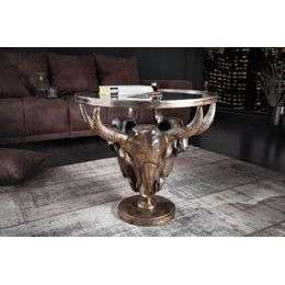 Riess Ambiente Extravaganter Couchtisch MATADOR 56cm bronze Stierkopf mit Glasplatte Riess-Ambiente Sofatisch Wohnzimmertisch rund Modern & Design
