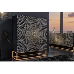 Riess Ambiente Design Highboard ILLUSION 120cm schwarz Mangoholz Massivholz mit 3D Schnitzereien gold Eisen Metallgestell Riess-Ambiente Modern & Design