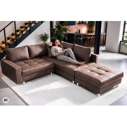 Riess Ambiente Modernes Ecksofa KENT 220cm braun Federkern Wohnlandschaft inkl. Hocker und Kissen Riess-Ambiente L-Form Wohnzimmer