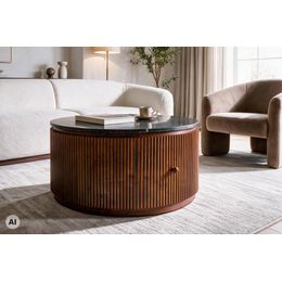 Riess Ambiente Runder Couchtisch COFFEE TABLE GATSBY 70cm braun schwarz Mangoholz Marmor Schublade Riess-Ambiente Sofatisch Wohnzimmertisch S&auml;ulentisch Modern &...