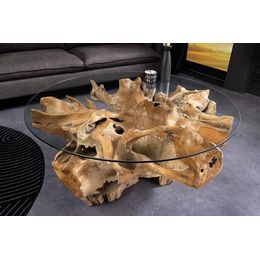 Riess Ambiente Runder Couchtisch ROOT 100cm natur Teak Massivholz aus Wurzelholz mit Glasplatte Riess-Ambiente Sofatisch Wohnzimmertisch