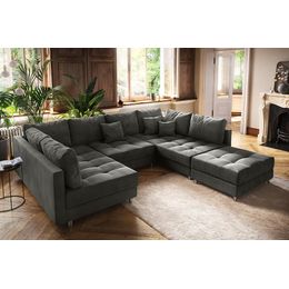 Riess Ambiente Moderne XXL Wohnlandschaft KENT 305cm anthrazit Cord Bigsofa inkl. Hocker Federkern Riess-Ambiente U-Form Wohnzimmer