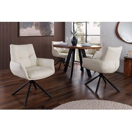 Riess Ambiente Drehbarer Design Stuhl SIGNATURE beige Echtleder 360&deg; Taschenfederkern schwarz Metall Polsterstuhl Riess-Ambiente Esszimmerstuhl K&uuml;chenstuhl