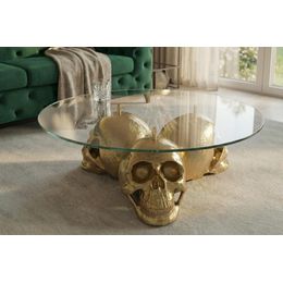 Riess Ambiente Design Couchtisch SKULL XXL 90cm gold rund Glasplatte Metall Totenkopf handmade Riess-Ambiente Sofatisch Wohnzimmertisch Modern & Design