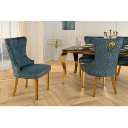 Riess Ambiente Barock Stuhl CASTLE DELUXE petrol Samt gold Edelstahl mit L&ouml;wenkopf Ziernieten Riess-Ambiente Esszimmerstuhl K&uuml;chenstuhl