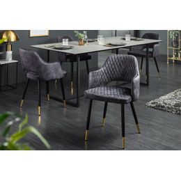 Riess Ambiente Design Stuhl PARIS grau Samt mit Armlehnen Ziersteppung goldene Fu&szlig;kappen gepolstert Riess-Ambiente Esszimmerstuhl K&uuml;chenstuhl Klassisch