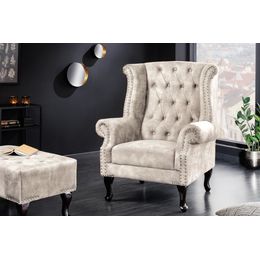 Riess Ambiente Design Ohrensessel CHESTERFIELD 105cm champagner beige Samt silber Ziernieten Riess-Ambiente