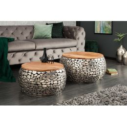 Riess Ambiente 2er Set Runde Couchtische STONE MOSAIC 65cm silber Mangoholz Metall handmade Mosaik Design Riess-Ambiente Satztisch Sofatisch Wohnzimmertisch...