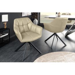 Riess Ambiente Drehbarer Stuhl PAPILLON beige Echtleder mit Armlehne schwarzes Gestell Polsterstuhl Riess-Ambiente Esszimmerstuhl K&uuml;chenstuhl Modern & Design
