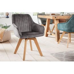 Riess Ambiente Drehbarer Design Stuhl LIVORNO grau Samt Buchenholz Beine mit Armlehnen Polsterstuhl Riess-Ambiente Esszimmerstuhl K&uuml;chenstuhl Modern & Design