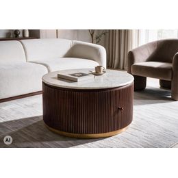 Riess Ambiente Runder Couchtisch COFFEE TABLE GATSBY 70cm braun wei&szlig; Mangoholz Marmor Schublade Riess-Ambiente Sofatisch Wohnzimmertisch S&auml;ulentisch Modern & Design