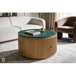 Riess Ambiente Runder Couchtisch COFFEE TABLE VENEZIANO 70cm messing gr&uuml;n Mangoholz Marmor Schublade Riess-Ambiente Sofatisch Wohnzimmertisch S&auml;ulentisch Modern &...