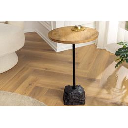 Riess Ambiente Runder Beistelltisch TRAYFUL 55cm natur Mangoholz Massivholz Marmorfu&szlig; Metall schwarz Riess-Ambiente S&auml;ulentisch