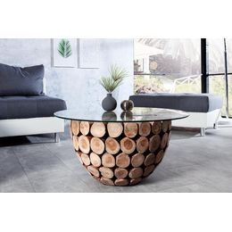Riess Ambiente Handgearbeiteter Couchtisch PURE NATURE 70cm Teak Massivholz rund mit Glasplatte Riess-Ambiente Sofatisch Wohnzimmertisch