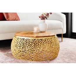 Riess Ambiente Runder Couchtisch ABSTRACT LEAF 75cm gold Metall massiv Akazienholz filigrane Handarbeit Riess-Ambiente Sofatisch Wohnzimmertisch S&auml;ulentisch...