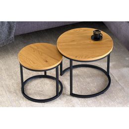 Riess Ambiente Runde Beistelltische 2er Set ELEGANCE 45cm natur Wildeiche-Design Holz schwarzes Metallgestell Riess-Ambiente Satztisch