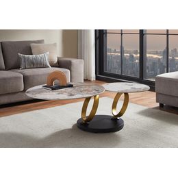 Riess Ambiente Design Couchtisch DANCING RINGS wei&szlig; braun rund drehbar Pandora Keramik gold Riess-Ambiente Sofatisch Wohnzimmertisch S&auml;ulentisch Modern & Design