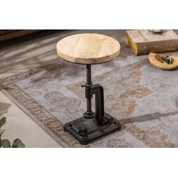 Riess Ambiente H&ouml;henverstellbarer Beistelltisch ENGINEER 30cm Mangoholz Industrial Design massiv rund Eisen Riess-Ambiente S&auml;ulentisch Urban