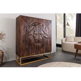 Riess Ambiente Massives Highboard LION 120cm braun Mangoholz gold Metall 3D Schnitzereien Kunstwerk Riess-Ambiente Modern & Design