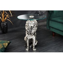 Riess Ambiente Runder Beistelltisch WILDLIFE LION 60cm silber antik Metall Glas L&ouml;wen Skulptur Riess-Ambiente Modern & Design