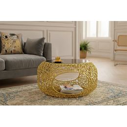 Riess Ambiente Runder Couchtisch SPIN 75cm gold Schwarzglas Metall mit Stauraum handmade Riess-Ambiente Sofatisch Wohnzimmertisch Modern & Design