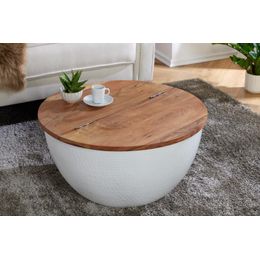 Riess Ambiente Runder Couchtisch ORIENT STORAGE 60cm wei&szlig; Akazienholz mit Stauraum Hammerschlag handmade Riess-Ambiente Sofatisch Wohnzimmertisch S&auml;ulentisch...