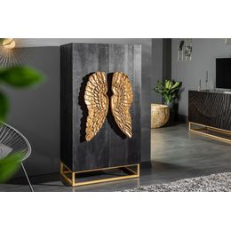 Riess Ambiente Extravagantes Highboard ANGEL 140cm schwarz Mangoholz mit goldenen Fl&uuml;geln Riess-Ambiente Modern & Design