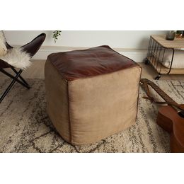 Riess Ambiente Retro Sitzpouf MUSTANG 45cm Lederbezug mit Leinen Sitzw&uuml;rfel Riess-Ambiente
