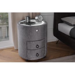 Riess Ambiente Runder Nachttisch SIGNUM 55cm grau Vogue Seiden Samtstoff inkl. Beleuchtung Schubladen Riess-Ambiente S&auml;ulentisch Modern & Design